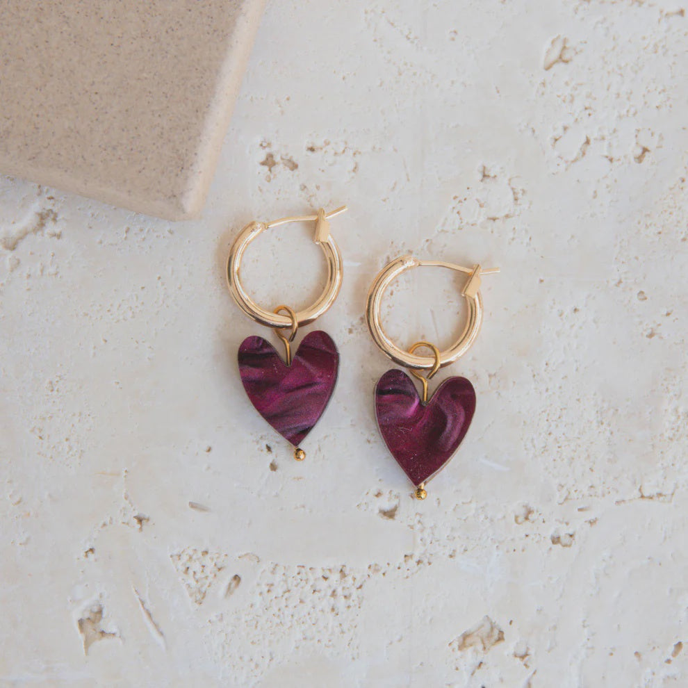 Marble Heart Gold Hoops / Merlot Red – Mon Pote
